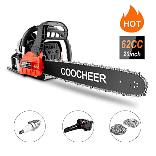 COOCHEER 62CC Gas Chainsaw, 20" 2-Stroke Portable Gasoline Chainsaw with Carrying Bag & 2 Chains Tool Kit, Petrol Wood Cutting Saw for Tree Stumps and Firewood Cutting(Upgraded Version)