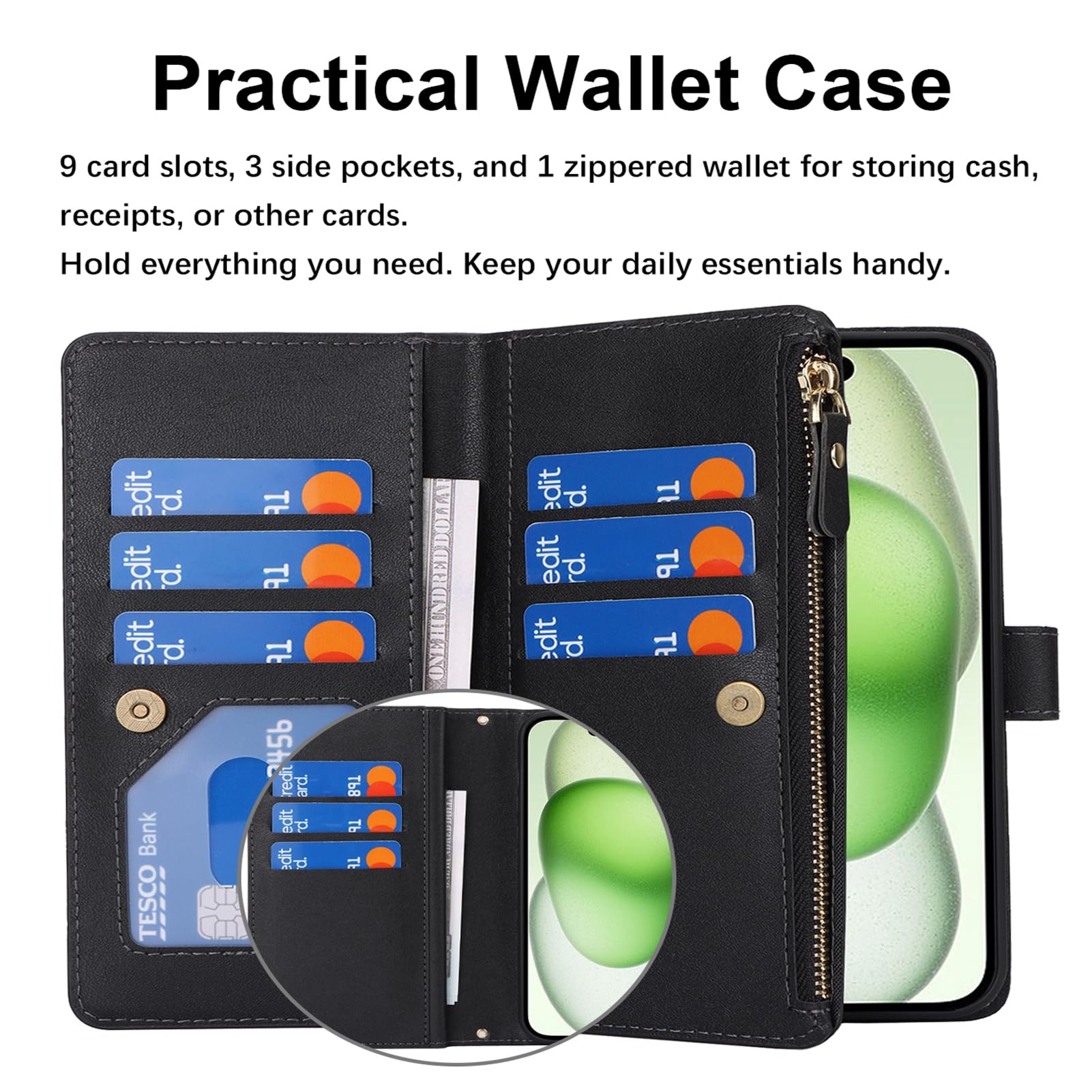 Jaorty Crossbody Phone Case for iPhone 15 Plus with Strap Lanyard,for iPhone 15 Plus Wallet Case for Women with Card Holder,Zipper Pocket Magnetic Flip Leather Case,6.7" Black