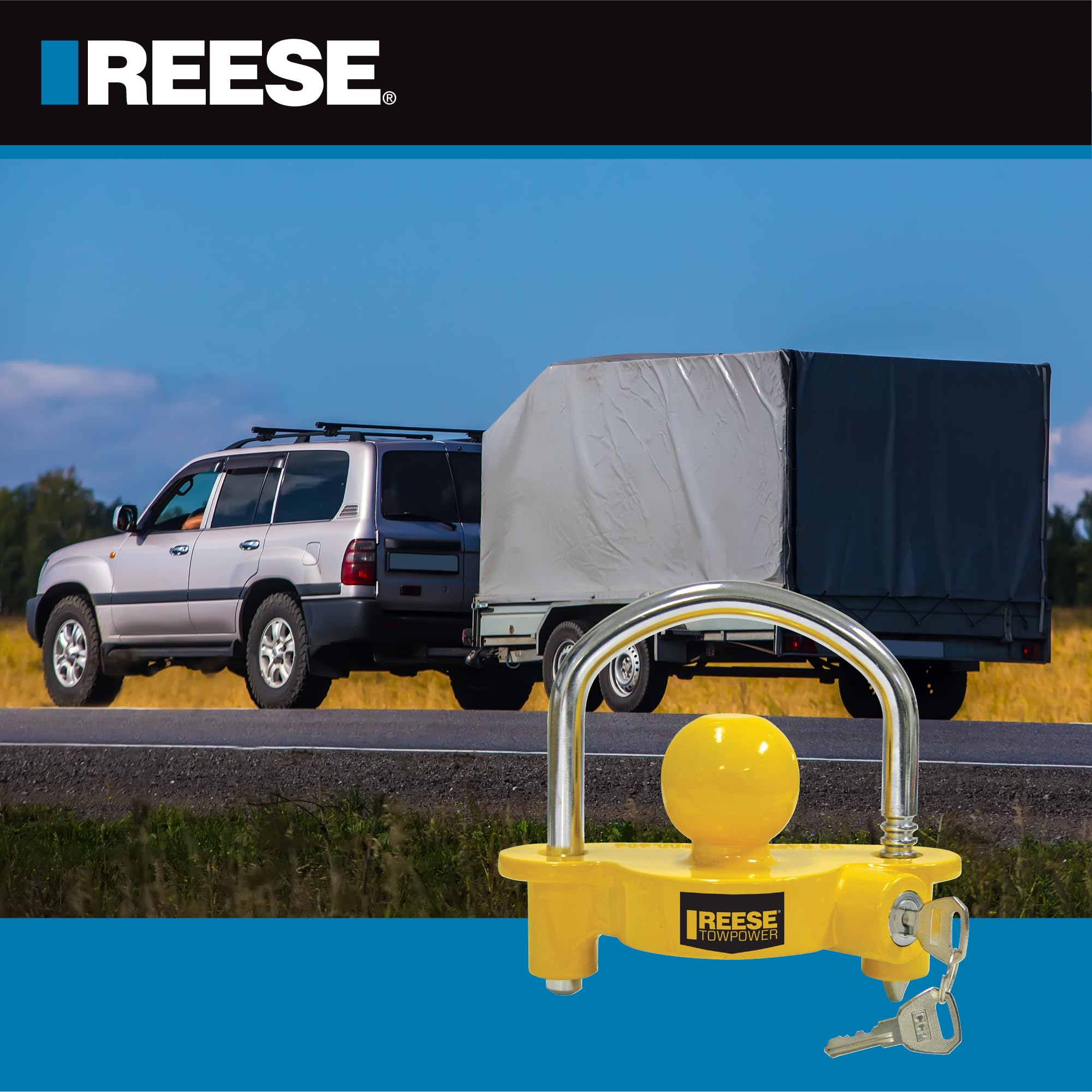 REESE Towpower 72783 Coupler Lock, Adjustable Storage Security, Heavy-Duty Steel, Yellow and Chrome