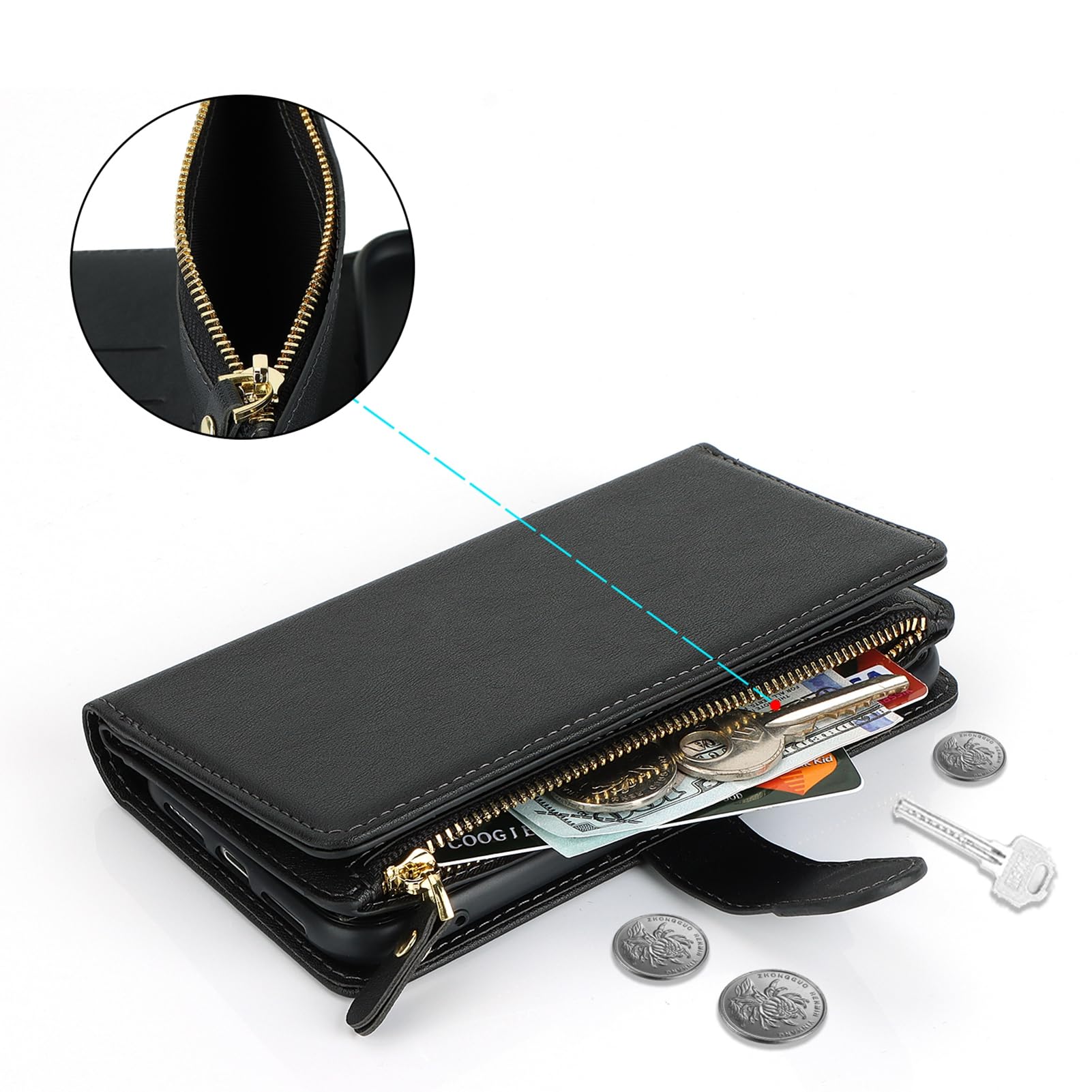 Jaorty Crossbody Phone Case for iPhone 15 Plus with Strap Lanyard,for iPhone 15 Plus Wallet Case for Women with Card Holder,Zipper Pocket Magnetic Flip Leather Case,6.7" Black