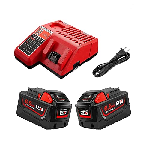 2 Packs 18V 6500mAh Replacement Battery and Charger Replacement for Milwaukee 18-Volt Li-ion Battery and M-18 Battery Charger