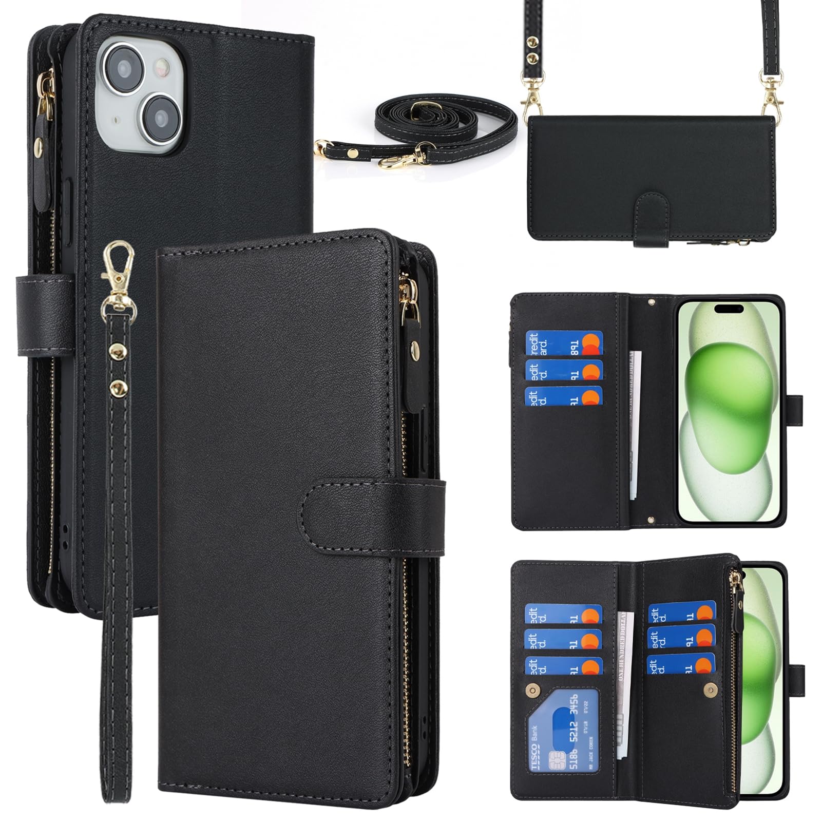 Jaorty Crossbody Phone Case for iPhone 15 Plus with Strap Lanyard,for iPhone 15 Plus Wallet Case for Women with Card Holder,Zipper Pocket Magnetic Flip Leather Case,6.7" Black