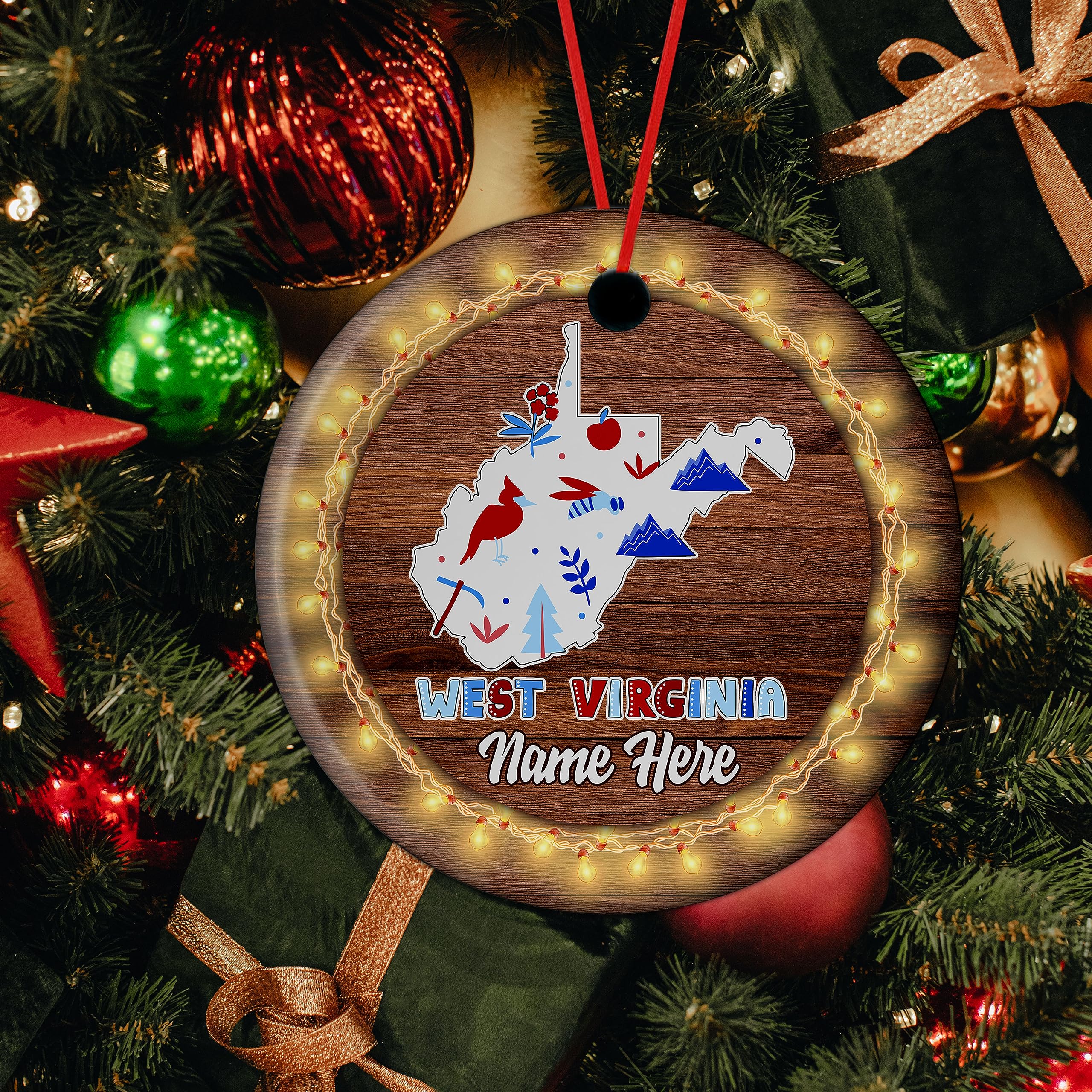Prezzy Personalized West Virginia Christmas Ornaments Travel Souvenir Gift for Men Women Family Hanging Xmas Tree Decorations for Home Decor West Virginia Gifts Circle Ceramic Ornament 3'' Keepsake