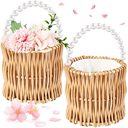 Set of 2 Wicker Wedding Flower Girl Baskets Pearl Wicker Rattan Flower Basket Handwoven Easter Basket Wicker Basket with Handle Straw Beach Bags Purse Wicker Tote for Candy Garden Home, 5.9 x 5.5 Inch
