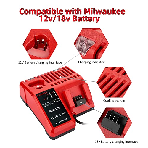 2 Packs 18V 6500mAh Replacement Battery and Charger Replacement for Milwaukee 18-Volt Li-ion Battery and M-18 Battery Charger