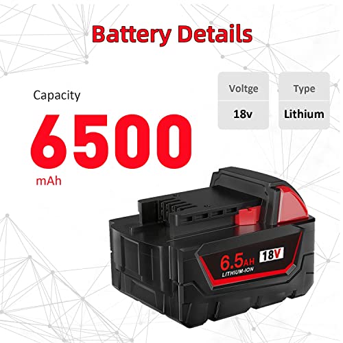 2 Packs 18V 6500mAh Replacement Battery and Charger Replacement for Milwaukee 18-Volt Li-ion Battery and M-18 Battery Charger