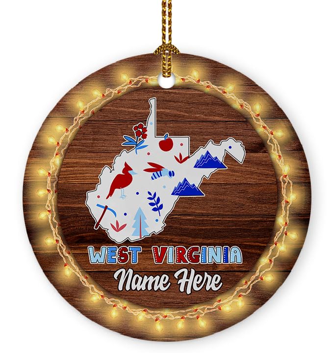 Prezzy Personalized West Virginia Christmas Ornaments Travel Souvenir Gift for Men Women Family Hanging Xmas Tree Decorations for Home Decor West Virginia Gifts Circle Ceramic Ornament 3'' Keepsake