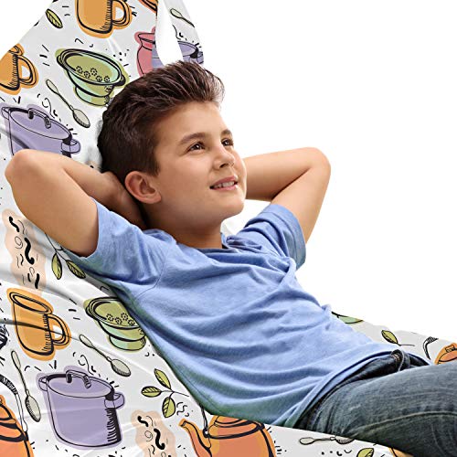 Lunarable Retro Lounger Chair Bag, Vintage Colorful Kitchenware Pot Mug Jar Utensils Retro Design Print, High Capacity Storage with Handle Container, Lounger Size, Orange Purple White