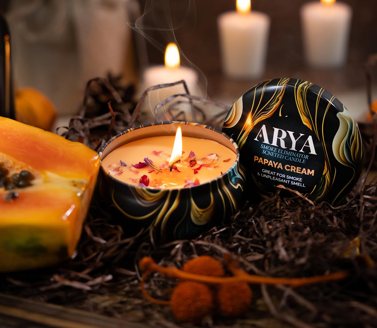 Arya Smoke Eliminator Candle with Flower 100% Soy Wax 50 Hours Burn Time Odor Eliminating High Fragrance Concentration Candle Tin Reusable Jar - 8oz (Papaya Cream)