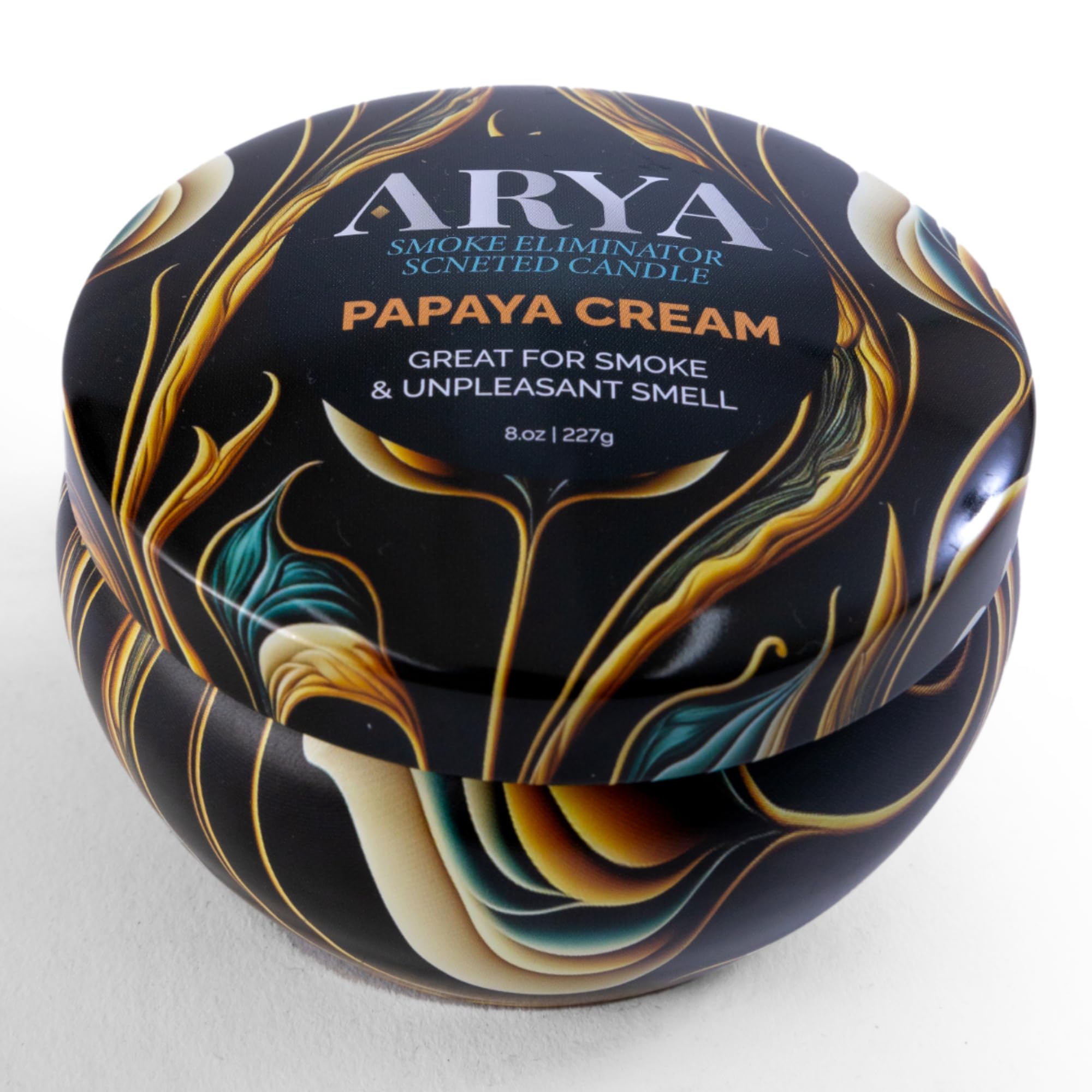 Arya Smoke Eliminator Candle with Flower 100% Soy Wax 50 Hours Burn Time Odor Eliminating High Fragrance Concentration Candle Tin Reusable Jar - 8oz (Papaya Cream)