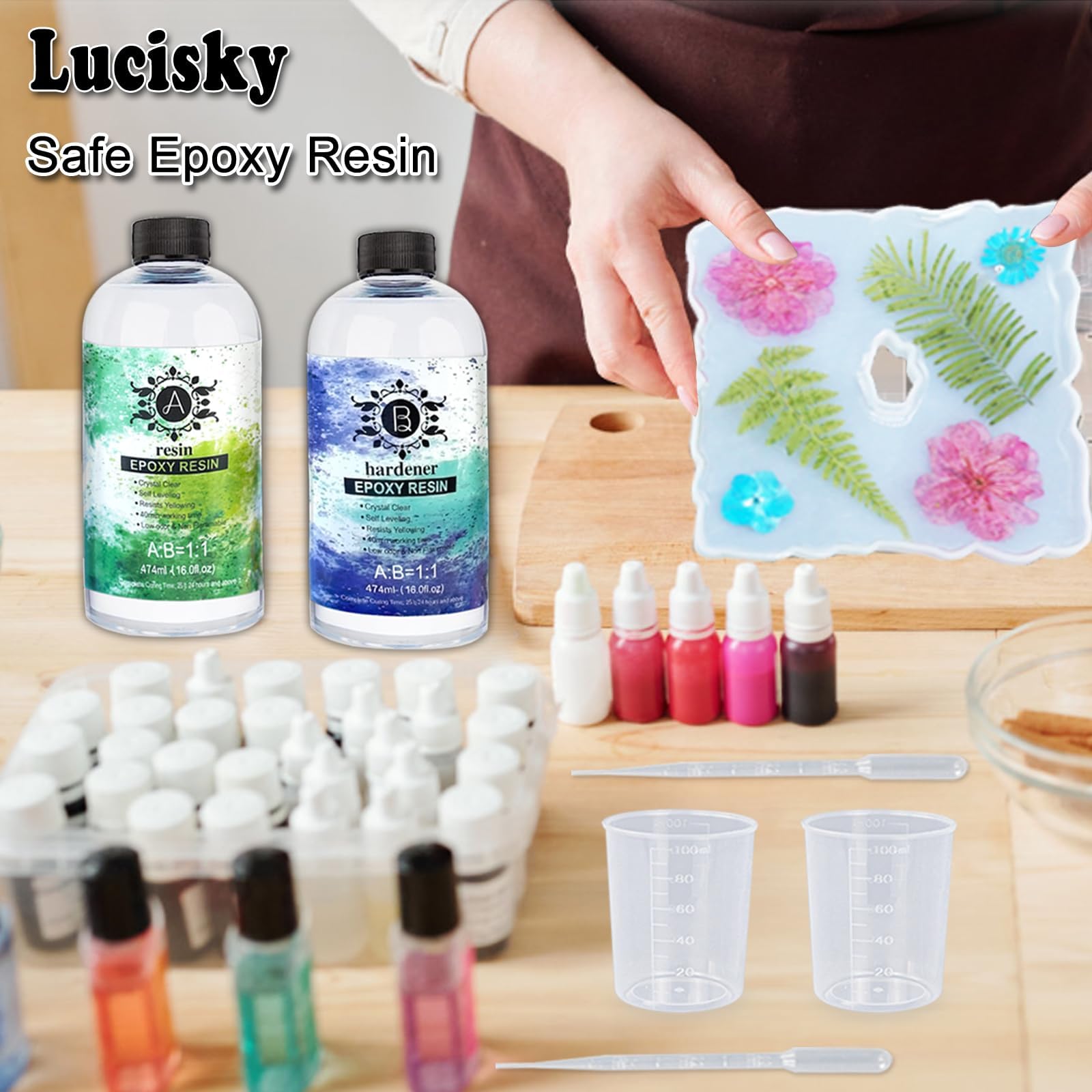 LUCISKY 32OZ Epoxy Resin Crystal Clear Kits, Premium Casting and Coating Resin for Molds, DIY Crafts, Jewelry, Art Painting, Not Yellowing and No Bubble, Easy Mix 1:1 Ratio