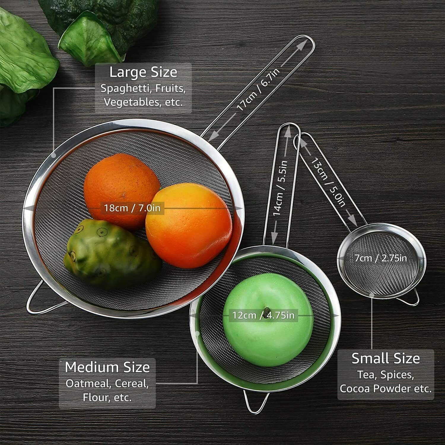 Eleen Stainless Steel Strainer | Set of 3 Kitchen Strainers Available Sizes (S,M,L) | Perfect Strainers for Kitchen Use | Mesh Strainer with Durable, Strainers fine Mesh for Tea, Pastas, Vegetables