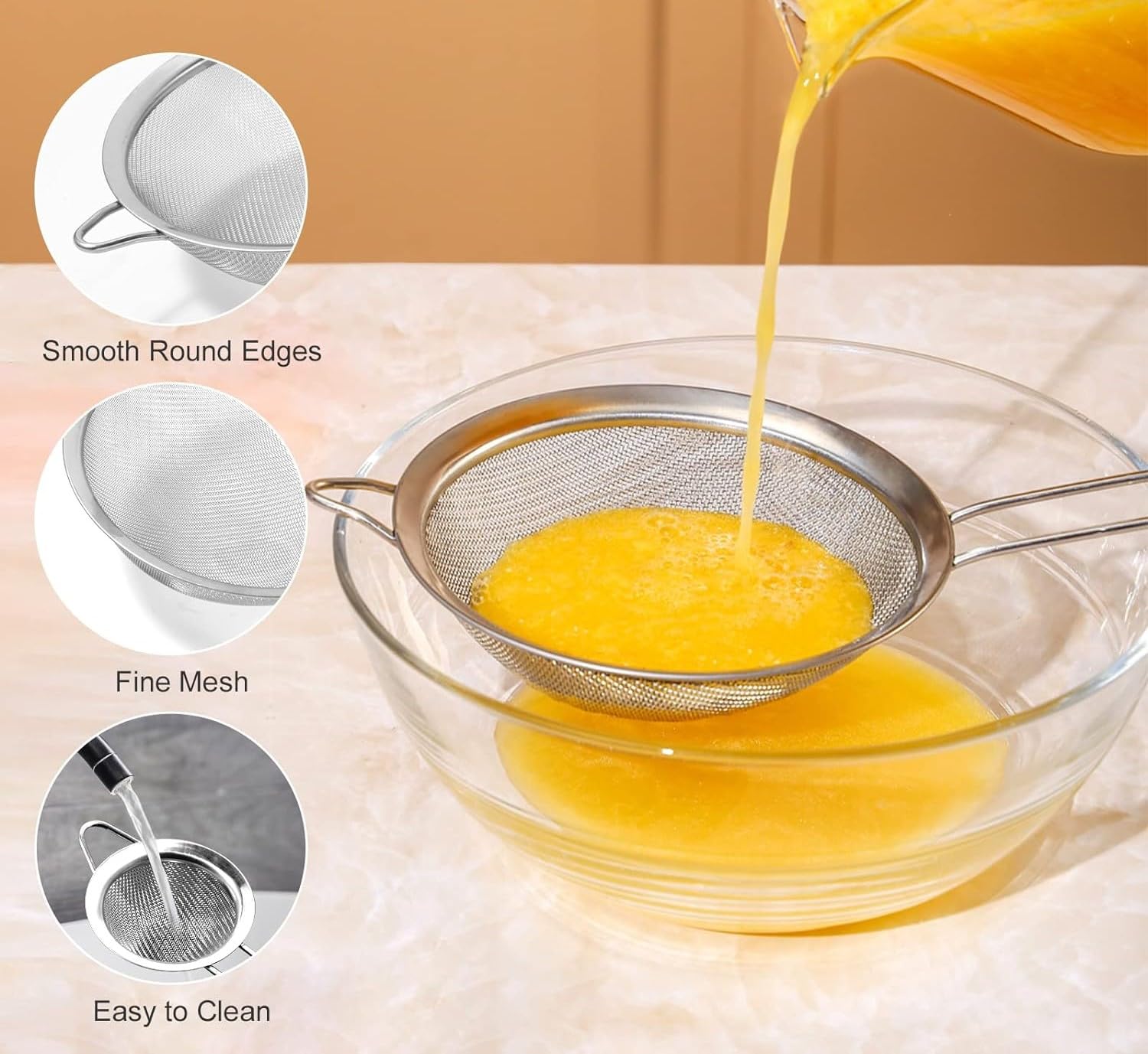 Eleen Stainless Steel Strainer | Set of 3 Kitchen Strainers Available Sizes (S,M,L) | Perfect Strainers for Kitchen Use | Mesh Strainer with Durable, Strainers fine Mesh for Tea, Pastas, Vegetables