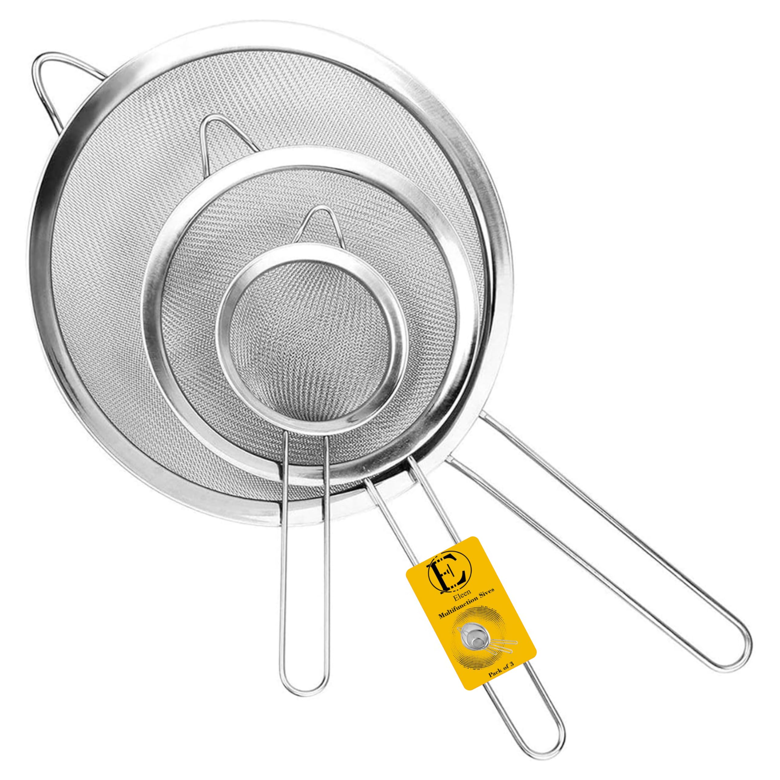 Eleen Stainless Steel Strainer | Set of 3 Kitchen Strainers Available Sizes (S,M,L) | Perfect Strainers for Kitchen Use | Mesh Strainer with Durable, Strainers fine Mesh for Tea, Pastas, Vegetables