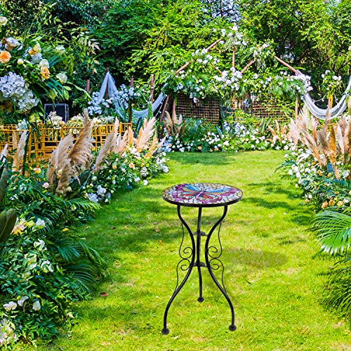 LIFFY Outdoor Mosaic Side Table - Butterfly Round End Table - Small Patio Side Table - Glass Garden Side Table for Yard,Lawn