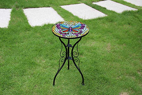 LIFFY Outdoor Mosaic Side Table - Butterfly Round End Table - Small Patio Side Table - Glass Garden Side Table for Yard,Lawn