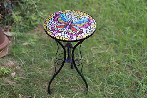 LIFFY Outdoor Mosaic Side Table - Butterfly Round End Table - Small Patio Side Table - Glass Garden Side Table for Yard,Lawn