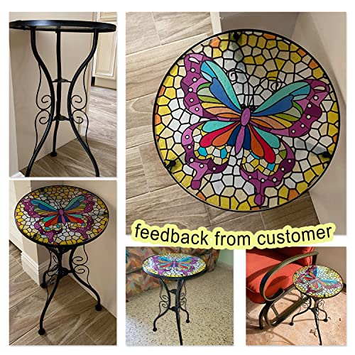 LIFFY Outdoor Mosaic Side Table - Butterfly Round End Table - Small Patio Side Table - Glass Garden Side Table for Yard,Lawn