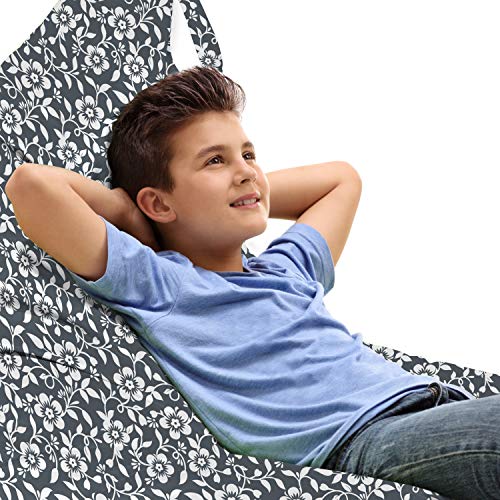 Lunarable Grey Lounger Chair Bag, Antique Victorian Foliage Ornate White Blossoms with Leaves Curly Branches, High Capacity Storage with Handle Container, Lounger Size, Charcoal Grey White