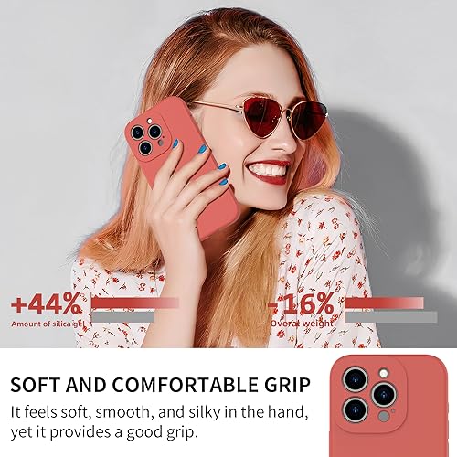 bicol for iPhone 15 Pro Case with Screen Protector,Enhanced Camera Lens Protection,Soft Liquid Silicone Slim Fit Protective Phone Cover 6.1" Coral