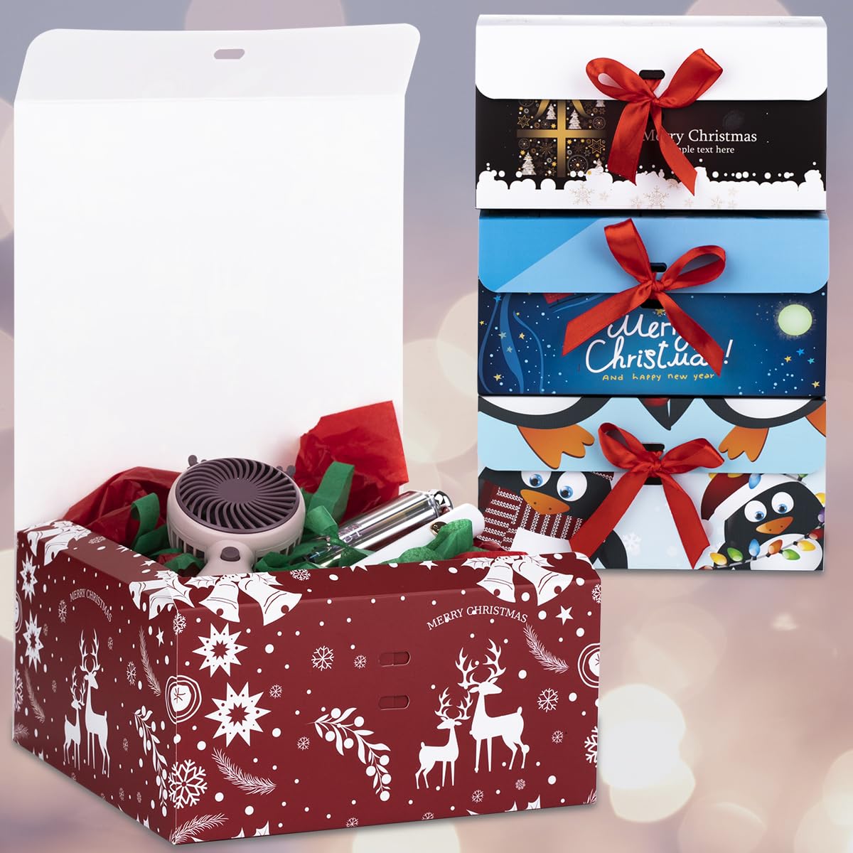 ARTLYMERS Christmas Gift Boxes with Lids, 12 Pack Gift Boxes and Red Ribbon Christmas Themed Pattern Small Gift Boxes for Christmas Presents Gifts Easy Assemble