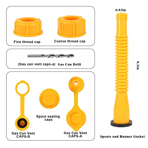 Gas Can Spout Kit QJIUBA for 1/2/5/10 Gal Replacement of Old Tanks Includes Nozzle, Vent caps, Rubber Gasket, Drill bits, Auxiliary Base Cap