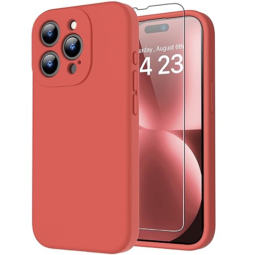 bicol for iPhone 15 Pro Case with Screen Protector,Enhanced Camera Lens Protection,Soft Liquid Silicone Slim Fit Protective Phone Cover 6.1" Coral