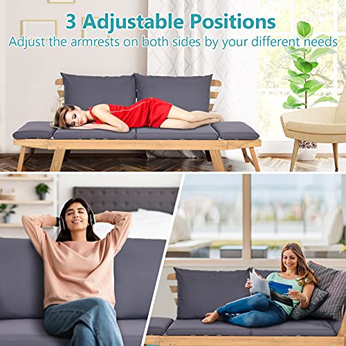DORTALA Patio Convertible Couch Sofa Bed, Acacia Wood Daybed w/Adjustable Armrest, Collapsible Chaise Lounge w/Cushions & Pillows, Outdoor Loveseat forPoolside, Courtyard, Grey