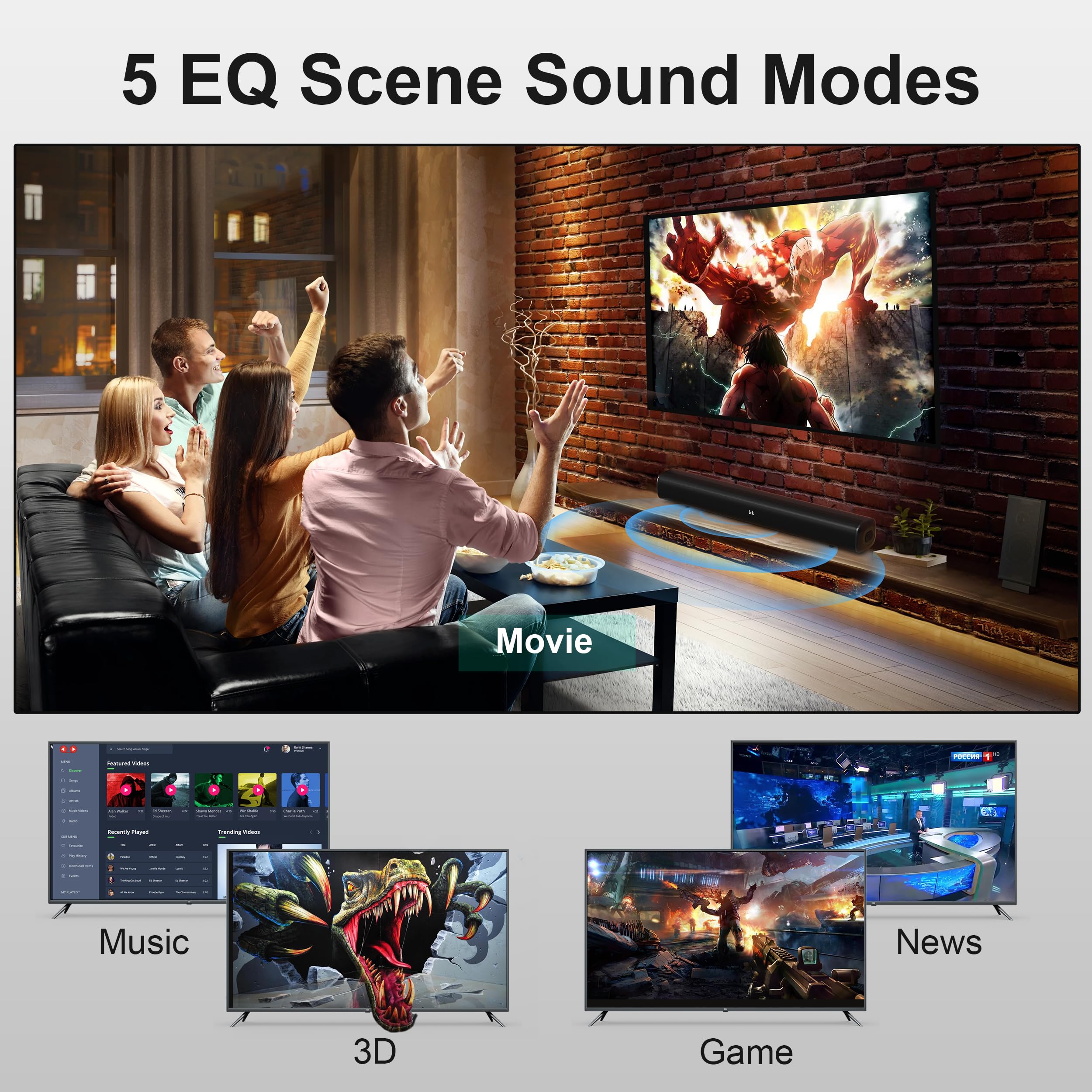 Passau Sound Bars for TV Speaker 22 Inch 60W Full-Range Divers, LED Display, Bass Adjustable, Bluetooth 5.3 Soundbar, HDMI(ARC)/USB/AUX Inputs, 5 EQ Surround Sound System TV Sound Bar for Home Audio