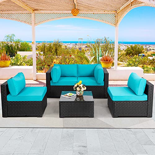 Walsunny 5 Pieces Outdoor Patio Furniture Set, All-Weather Rattan Patio Sectional Sofa Wicker Conversation Set with Glass Table and Cushions(Blue)