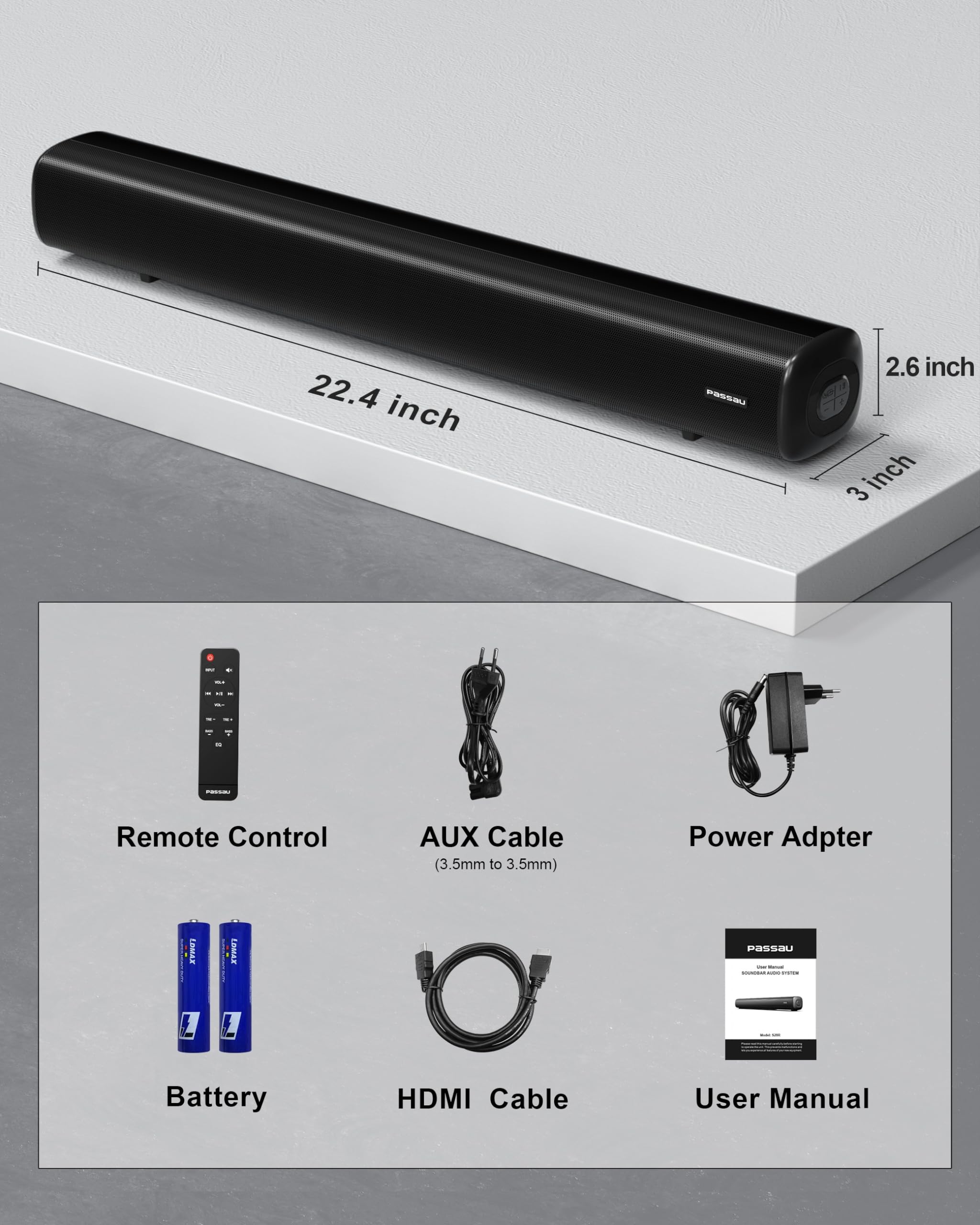 Passau Sound Bars for TV Speaker 22 Inch 60W Full-Range Divers, LED Display, Bass Adjustable, Bluetooth 5.3 Soundbar, HDMI(ARC)/USB/AUX Inputs, 5 EQ Surround Sound System TV Sound Bar for Home Audio