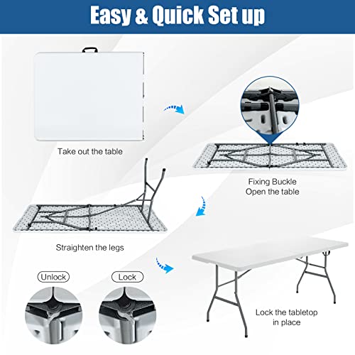 Giantex Folding Picnic Table, 6FT Card Table HDPE, Portable Foldable Tables for Party BBQ, Metal Legs, White Outdoor Camping Table with Handle, No Assembly (White)