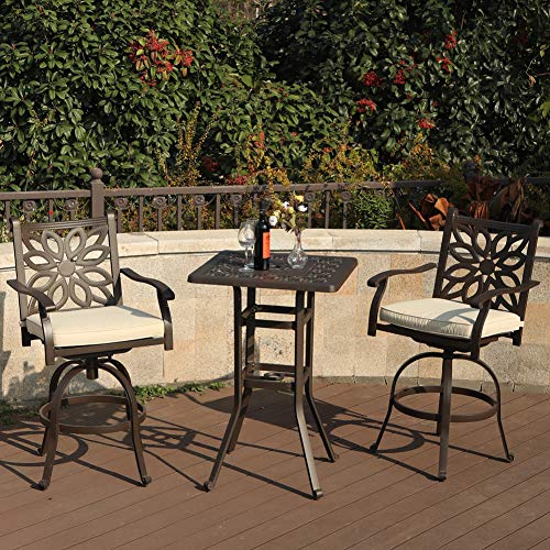 PHI VILLA Outdoor Swivel Bar Stools, Cast Aluminum Patio Pub Height Swivel Arms Chairs with Seat Cushion, Set of 2, Easy Assemble