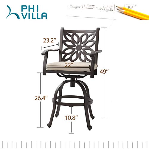 PHI VILLA Outdoor Swivel Bar Stools, Cast Aluminum Patio Pub Height Swivel Arms Chairs with Seat Cushion, Set of 2, Easy Assemble
