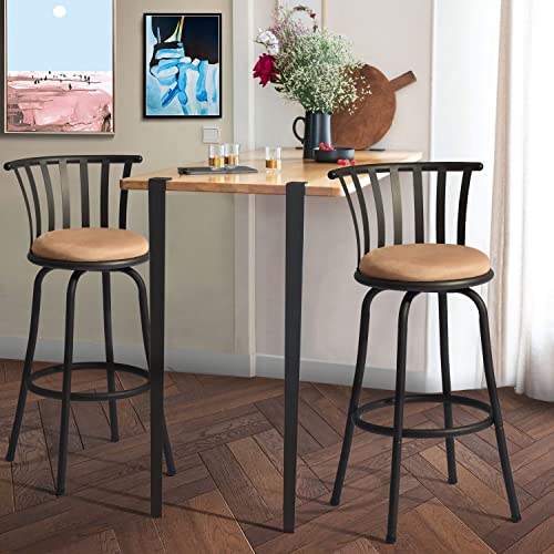FurnitureR 29 INCH Country Style Industrial Counter Bar Stools Set of 2, Swivel Barstools with Metal Back, with Fabric Seat and Footrest for Indoor Bar Dining Kitchen
