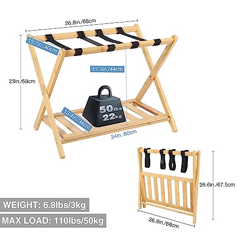 ALAPUR 2 Pack Bamboo Luggage Rack for Guest Room, Folding Luggage Holder with Storage Shelf , Suitcase Stand for Bedroom,Guest Room,Hotel