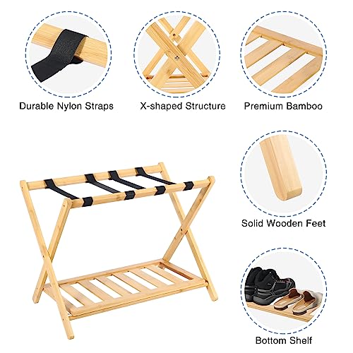 ALAPUR 2 Pack Bamboo Luggage Rack for Guest Room, Folding Luggage Holder with Storage Shelf , Suitcase Stand for Bedroom,Guest Room,Hotel