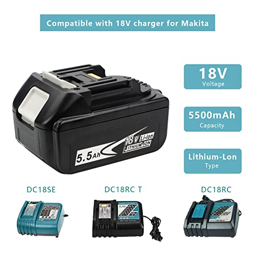 DEWQKI 2 Pack 18V 5.5Ah BL1850B Battery Replacement for Makita 18V Battery Compatible with Makita 18v Tools,Fit with Makita 18V Battery Charger