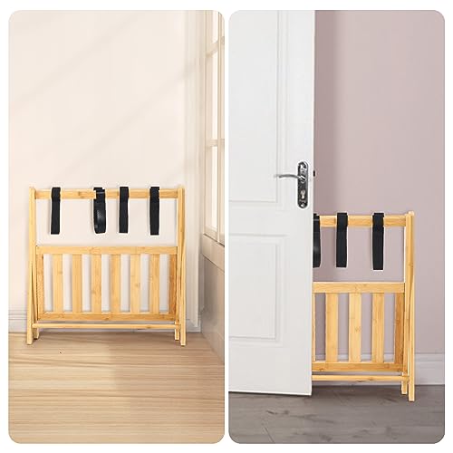 ALAPUR 2 Pack Bamboo Luggage Rack for Guest Room, Folding Luggage Holder with Storage Shelf , Suitcase Stand for Bedroom,Guest Room,Hotel