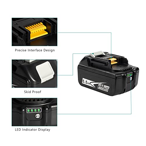 DEWQKI 2 Pack 18V 5.5Ah BL1850B Battery Replacement for Makita 18V Battery Compatible with Makita 18v Tools,Fit with Makita 18V Battery Charger
