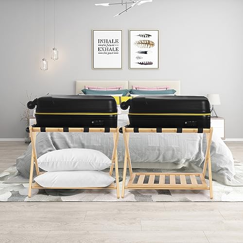 ALAPUR 2 Pack Bamboo Luggage Rack for Guest Room, Folding Luggage Holder with Storage Shelf , Suitcase Stand for Bedroom,Guest Room,Hotel