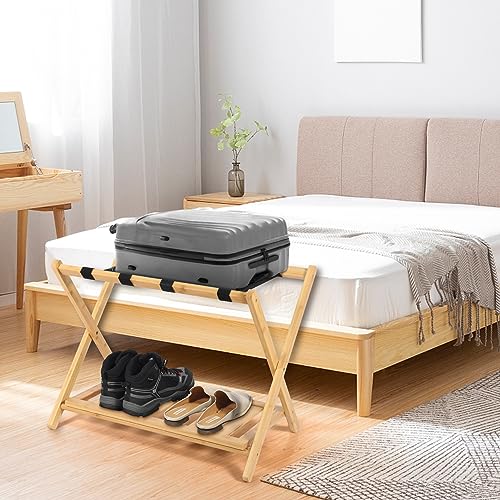 ALAPUR 2 Pack Bamboo Luggage Rack for Guest Room, Folding Luggage Holder with Storage Shelf , Suitcase Stand for Bedroom,Guest Room,Hotel