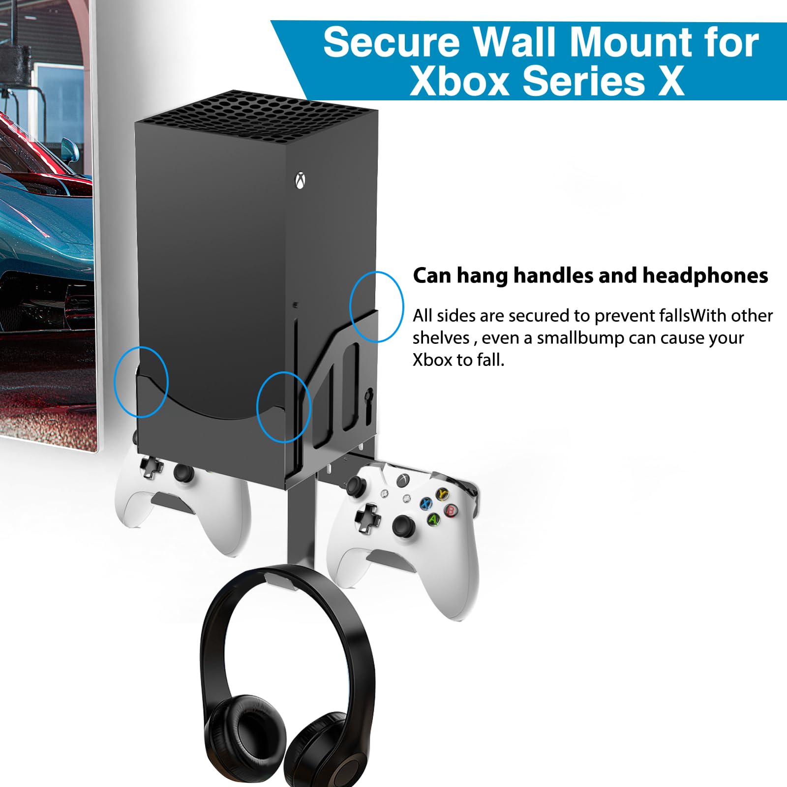 Wall Mount for Xbox Series X (with accessories installed near the TV), wall mount metal bracket kit for Xbox system,Controller Holder & Headphone Hanger,Black.