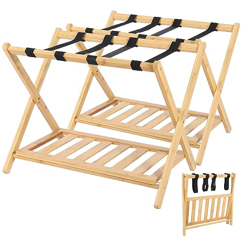 ALAPUR 2 Pack Bamboo Luggage Rack for Guest Room, Folding Luggage Holder with Storage Shelf , Suitcase Stand for Bedroom,Guest Room,Hotel