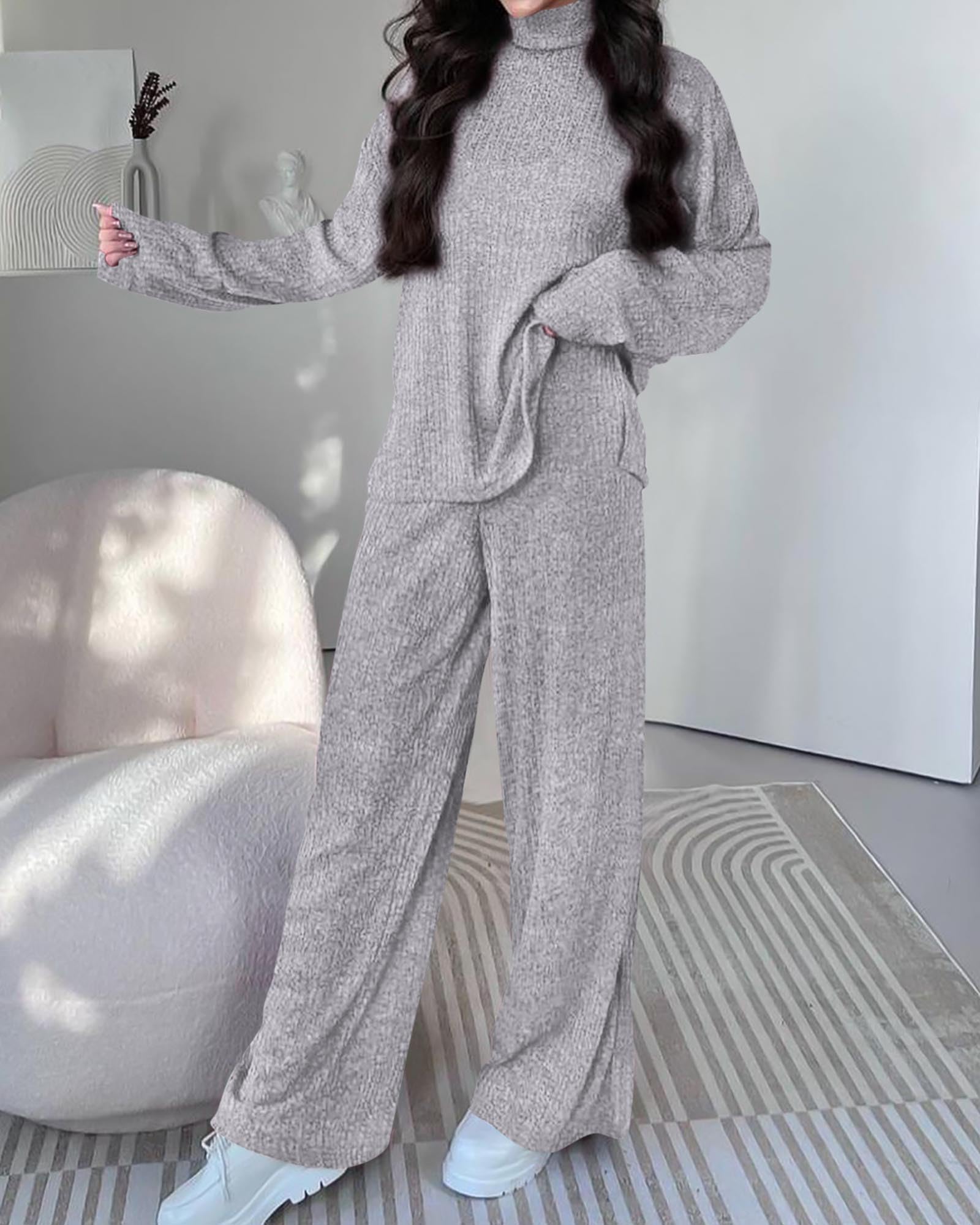 KIRUNDO Track Suits For Women Set Lounge Set Casual Long Sleeve Knitted Tops Long Pants Sweat Set Trendy Fall Clothes Casual Outfits(Grey, Small)