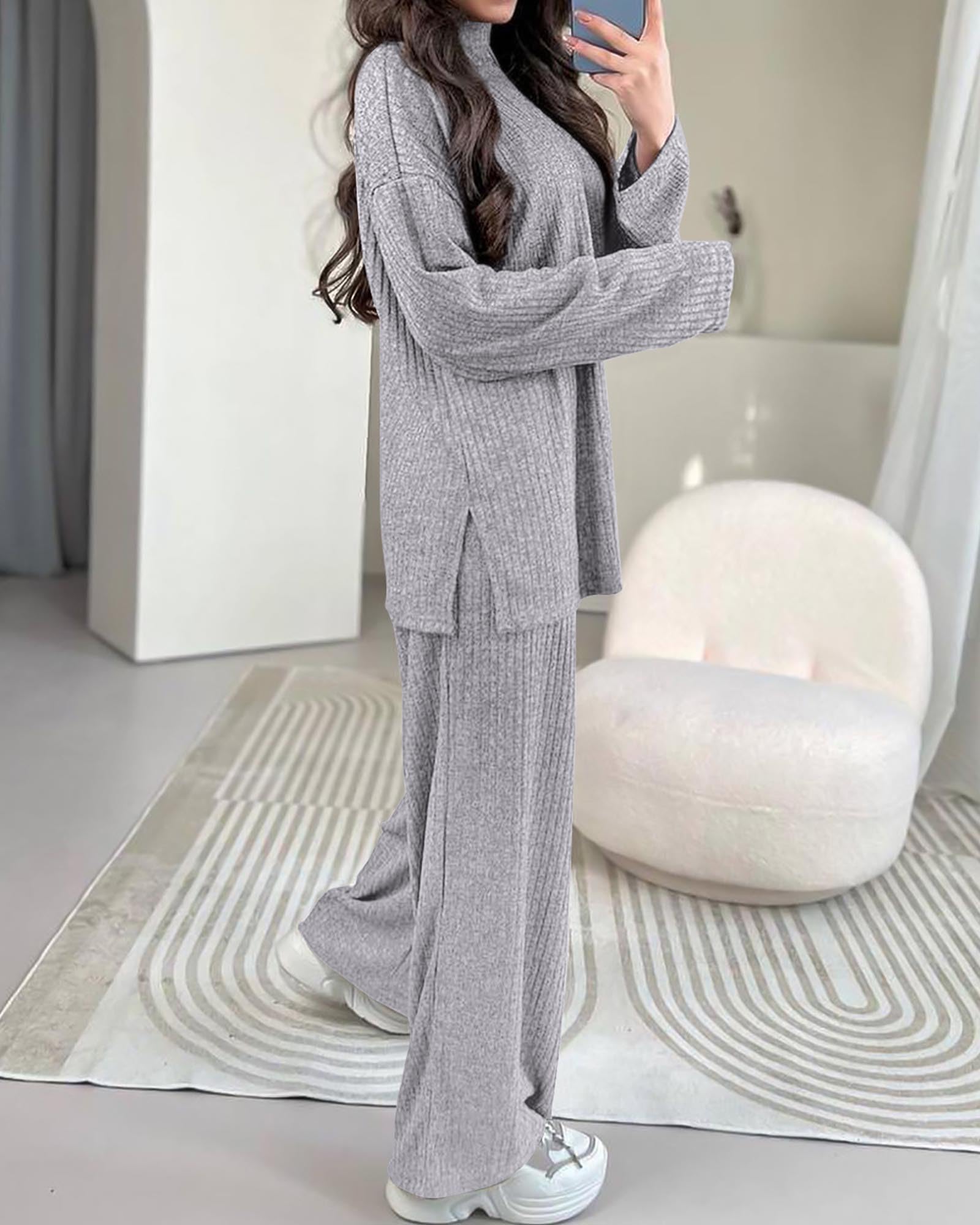 KIRUNDO Track Suits For Women Set Lounge Set Casual Long Sleeve Knitted Tops Long Pants Sweat Set Trendy Fall Clothes Casual Outfits(Grey, Small)
