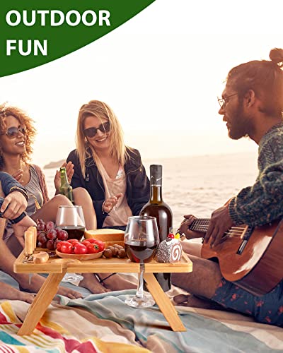 tgosomt Wine Picnic Table Foldable, Portable Bamboo Picnic Table, Picnic Tray for Outdoor, Park, Camping, Beach