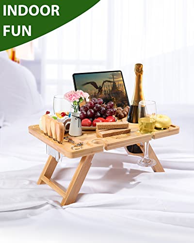 tgosomt Wine Picnic Table Foldable, Portable Bamboo Picnic Table, Picnic Tray for Outdoor, Park, Camping, Beach
