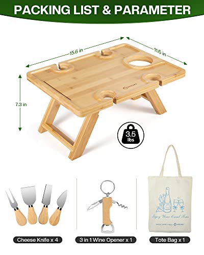 tgosomt Wine Picnic Table Foldable, Portable Bamboo Picnic Table, Picnic Tray for Outdoor, Park, Camping, Beach
