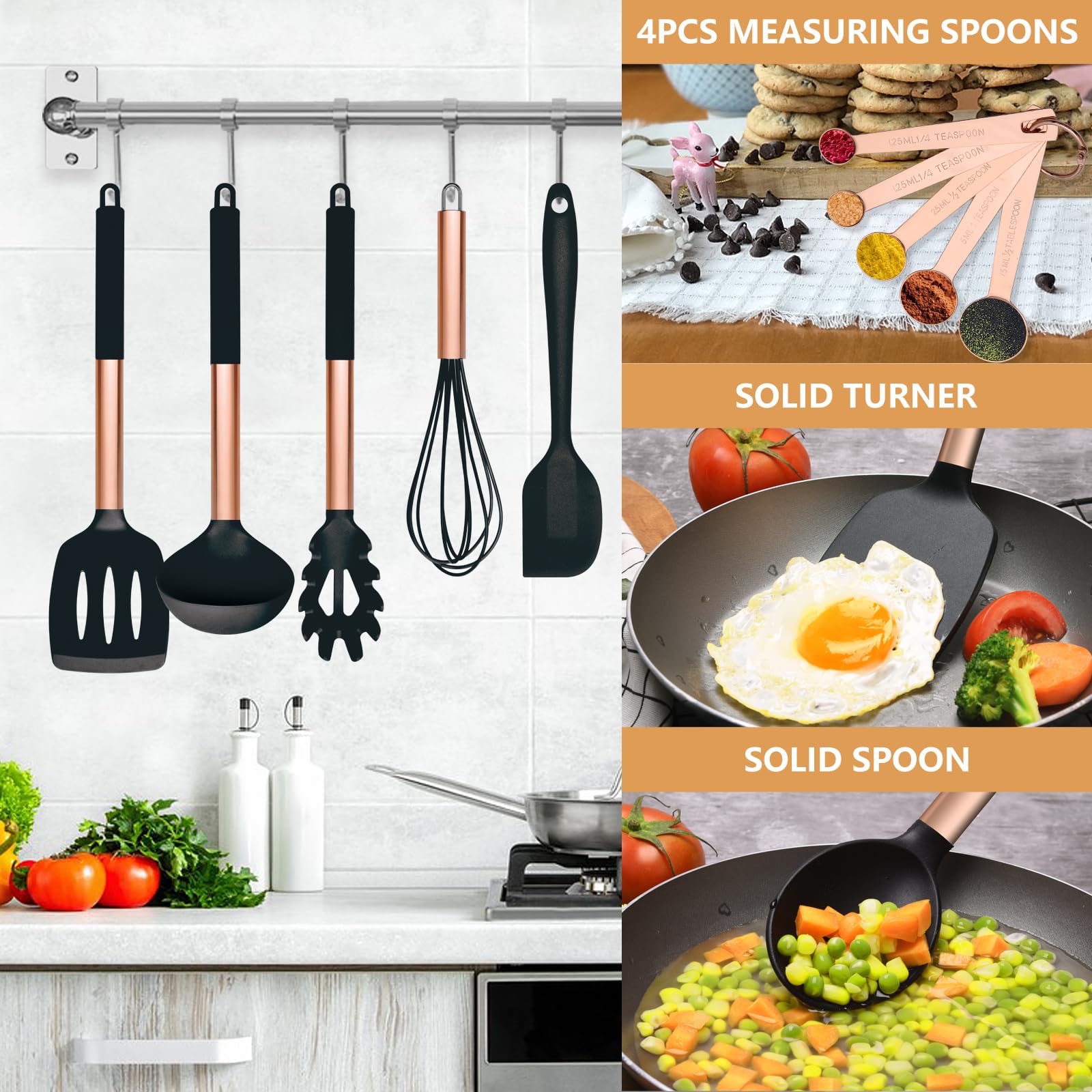 BBN Kitchen Utensils Set, Silicone Kitchen Utensils Set, 17Pcs Non-Stick Silicone Cooking Utensils Set, Heat Resistant Rose Gold Kitchen Utensil Set with Holder